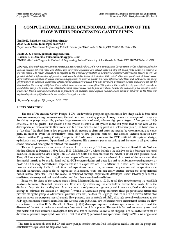 Pdf A Computational Model For The Flow Within Rigid Stator Progressing Cavity Pumps