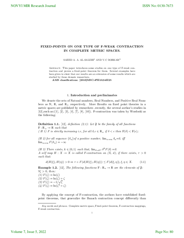 Pdf Fixed Points On One Type Of F Weak Contraction In Complete Metric