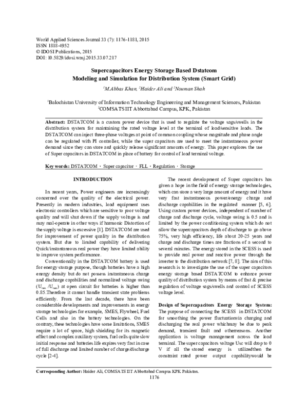 Pdf Supercapacitors Energy Storage Based Dstatcom Modeling And Simulation For Distribution