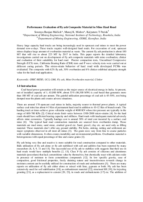 Pdf Performance Evaluation Of Fly Ash Composite Material In Mine Haul Road