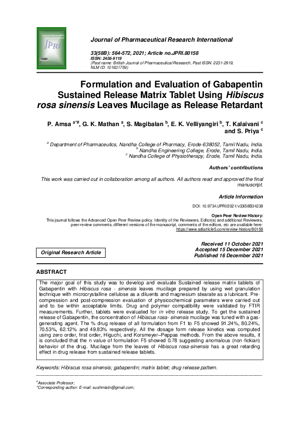 Pdf Formulation And Evaluation Of Gabapentin Sustained Release Matrix Tablet Using Hibiscus