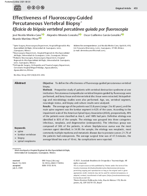 (PDF) Effectiveness of Fluoroscopy-Guided Percutaneous Vertebral Biopsy