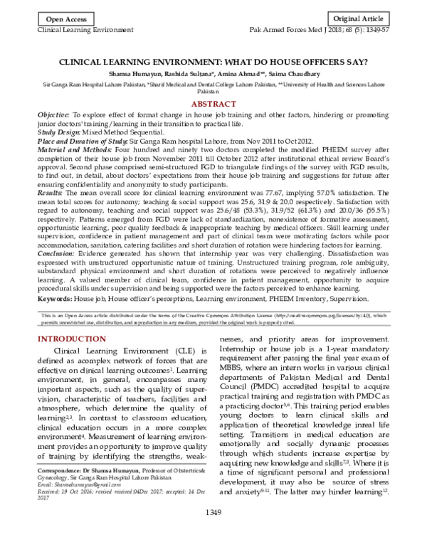 (PDF) Clinical Learning Environment: What Do House Officers Say?