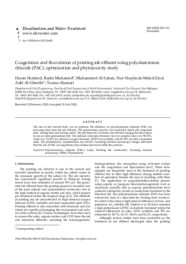 (PDF) Coagulation and flocculation of printing ink effluent using polyaluminium chloride (PAC ...