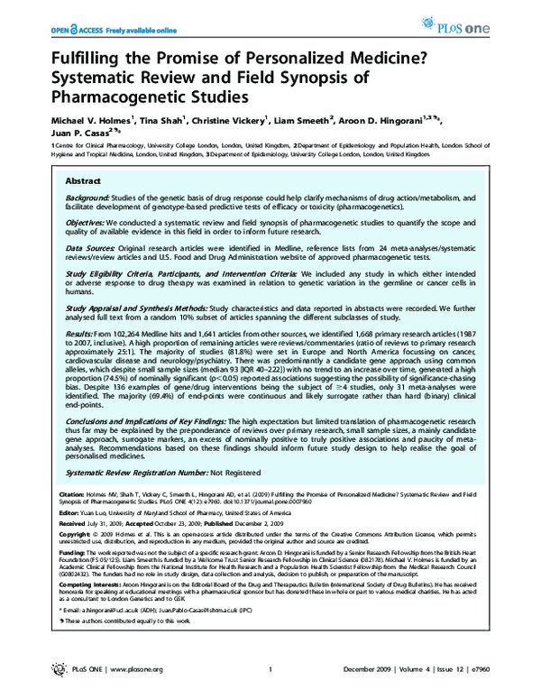 (PDF) Fulfilling the Promise of Personalized Medicine? Systematic ...