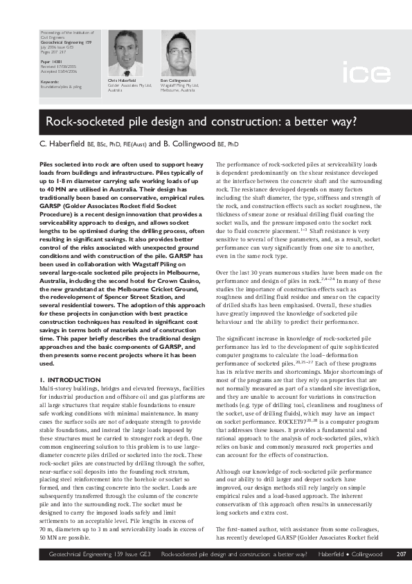 (PDF) Rock-socketed pile design and construction: a better way?