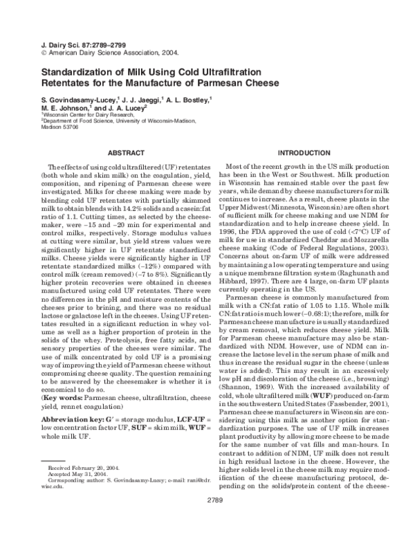 (PDF) Standardization of Milk Using Cold Ultrafiltration Retentates for ...