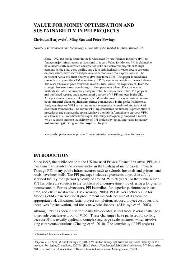 (PDF) Optimizing Value for Money in PFI Projects