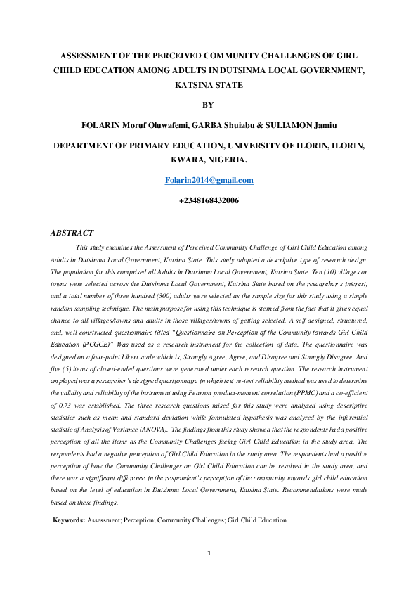 (PDF) ASSESSMENT OF THE PERCEIVED COMMUNITY CHALLENGES OF GIRL CHILD ...
