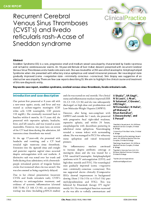 (PDF) Recurrent Cerebral Venous Sinus Thromboses (CVST's) and livedo ...
