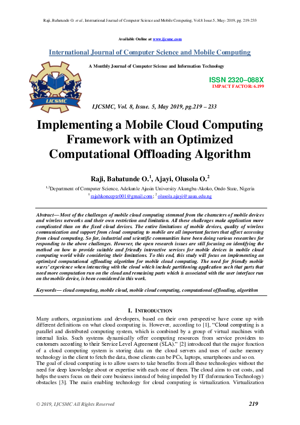 Pdf Implementing A Mobile Cloud Computing Framework With An Optimized