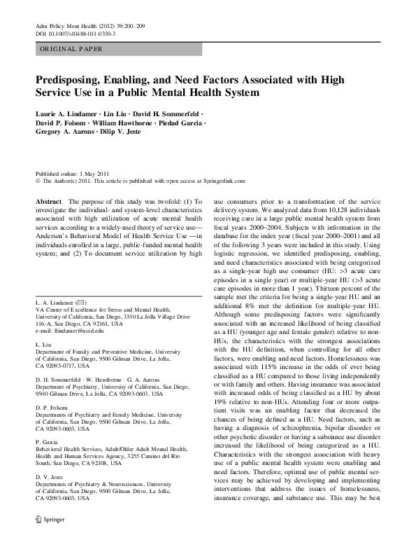 Pdf Predisposing Enabling And Need Factors Associated With High Service Use In A Public