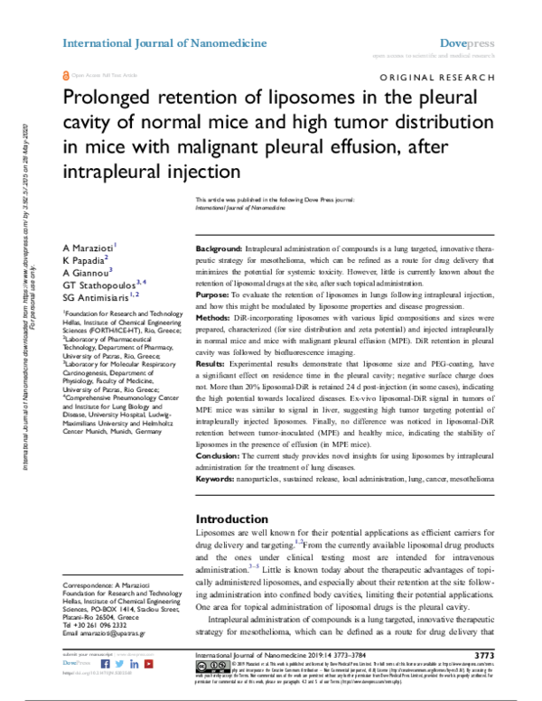 (PDF) Prolonged retention of liposomes in the pleural cavity of normal ...