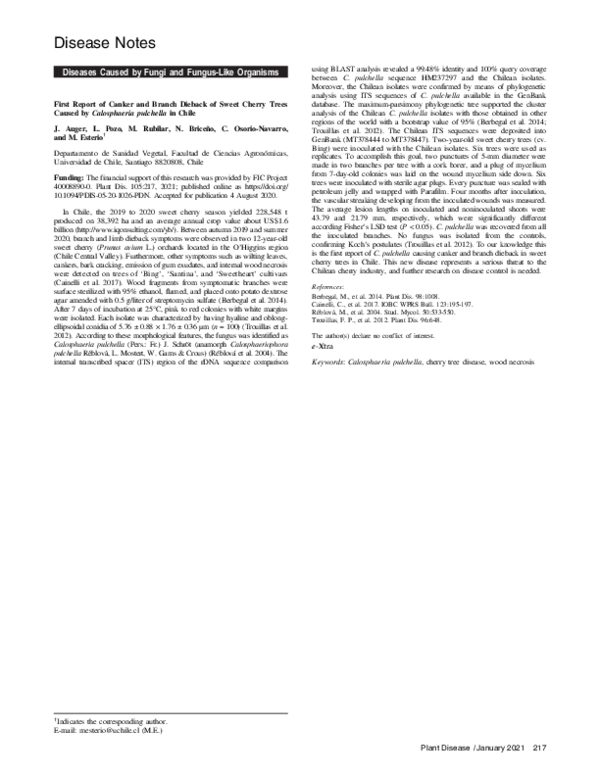 (PDF) First Report of Canker and Branch Dieback of Sweet Cherry Trees ...