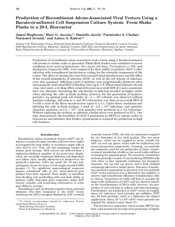 (PDF) Production of Recombinant Adeno-Associated Viral Vectors Using a Baculovirus/Insect Cell ...
