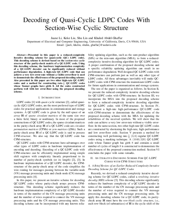 Pdf Decoding Of Quasi Cyclic Ldpc Codes With Section Wise Cyclic Structure