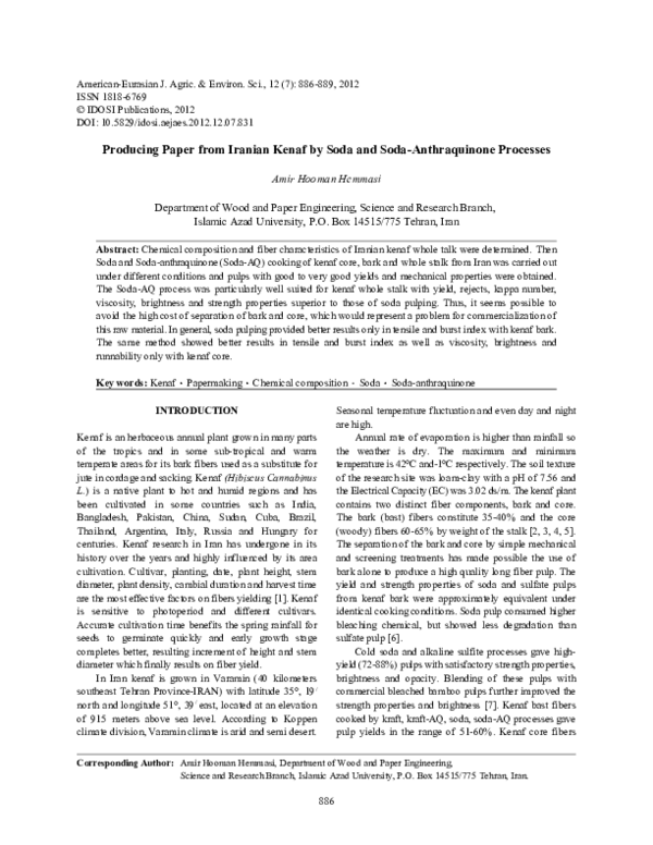(PDF) Producing Paper from Iranian Kenaf by Soda and Soda-Anthraquinone ...
