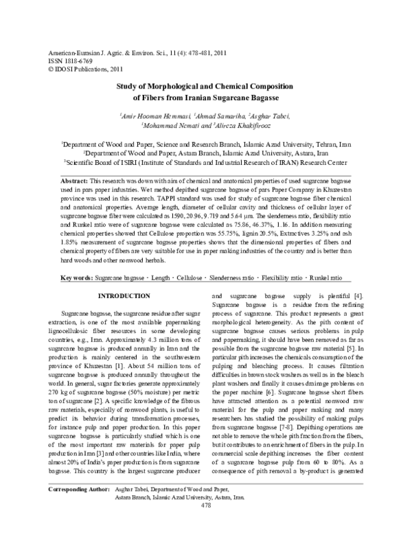 (PDF) Study of Morphological and Chemical Composition of Fibers from Iranian Sugarcane Bagasse