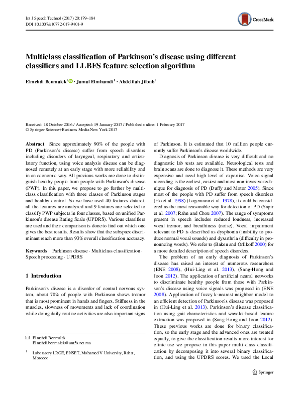 Pdf Multiclass Classification Of Parkinson S Disease Using Different Classifiers And Llbfs