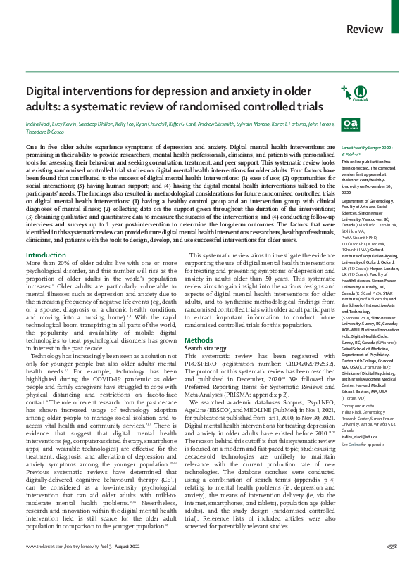(PDF) Digital interventions for depression and anxiety in older adults: a systematic review of ...