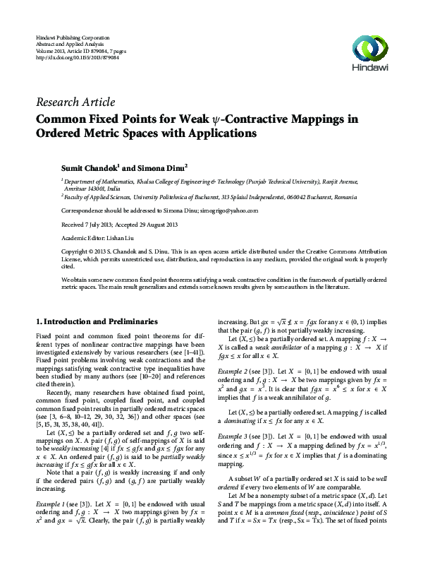 Pdf Common Fixed Points For Weak ψ Contractive Mappings In Ordered Metric Spaces With Applications