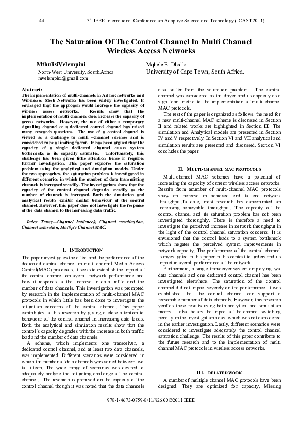 (PDF) The saturation of the control channel in multi channel wireless access networks | Mqhele ...
