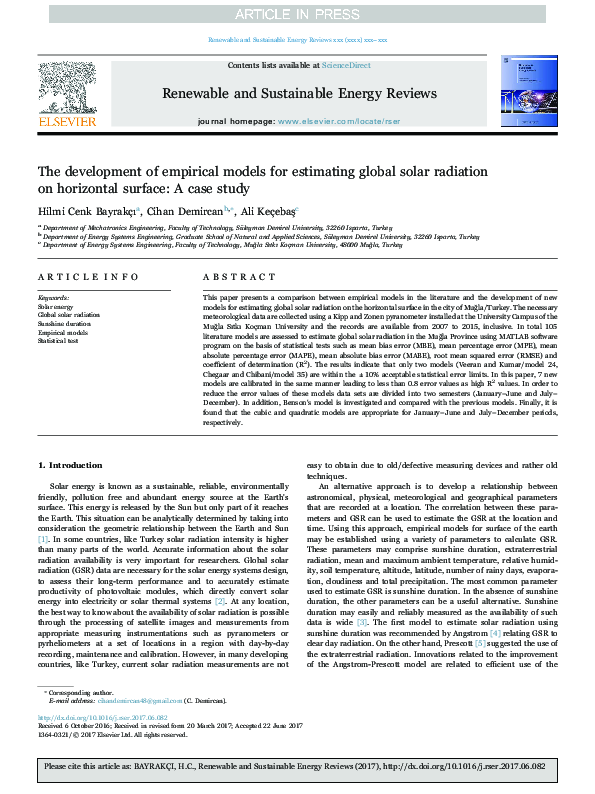 Pdf The Development Of Empirical Models For Estimating Global Solar Radiation On Horizontal