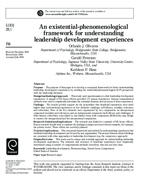 (PDF) An existential‐phenomenological framework for understanding leadership development experiences