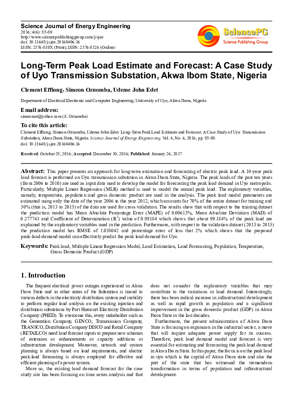 (PDF) Long-Term Peak Load Estimate and Forecast: A Case Study of Uyo ...
