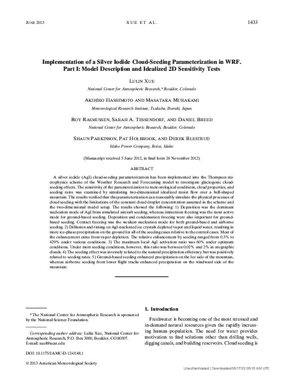 (PDF) Implementation of a Silver Iodide Cloud-Seeding Parameterization in WRF. Part I: Model ...