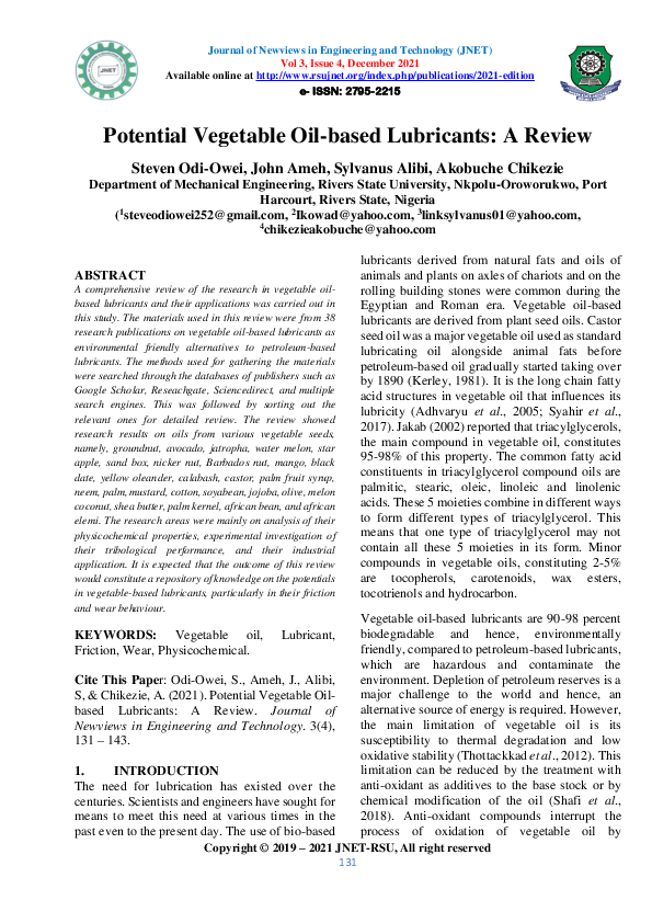 (PDF) Potential Vegetable Oil-based Lubricants: A Review