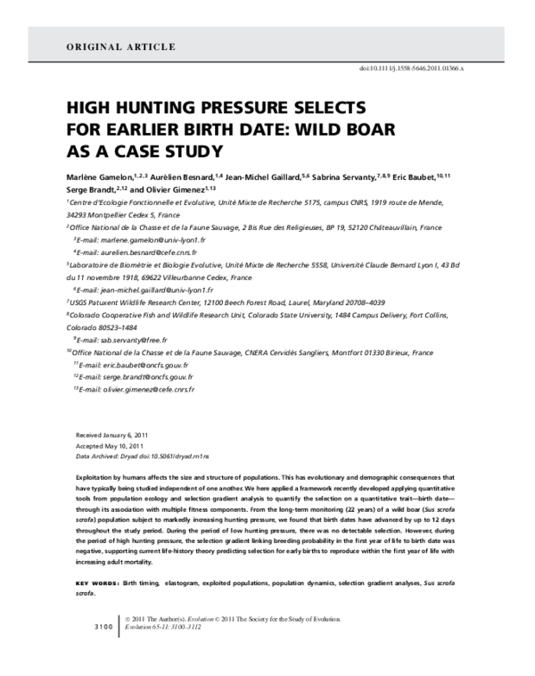 (PDF) High Hunting Pressure Selects for Earlier Birth Date: Wild Boar ...