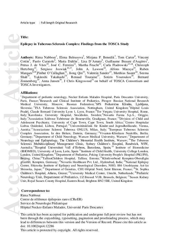(PDF) Epilepsy in tuberous sclerosis complex: Findings from the TOSCA Study