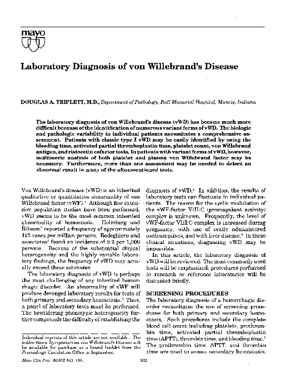 (PDF) Laboratory Diagnosis of von Willebrand's Disease