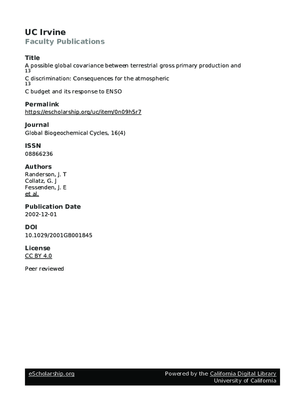 (PDF) A possible global covariance between terrestrial gross primary ...