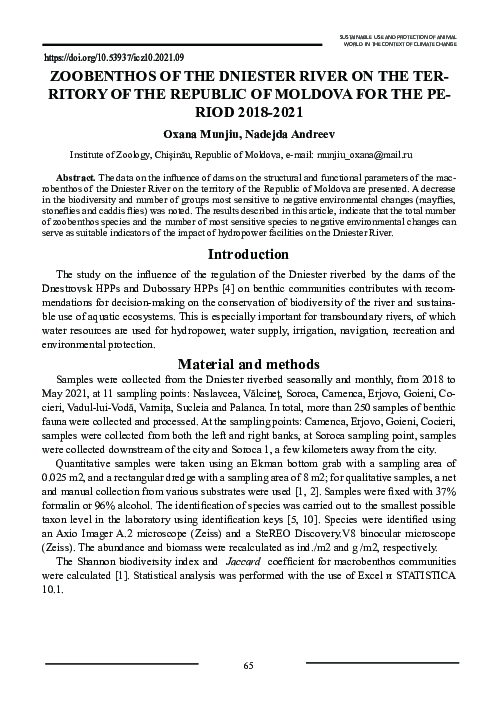 (PDF) Zoobenthos of the Dniester river on the territory of the Republic of Moldova for the ...
