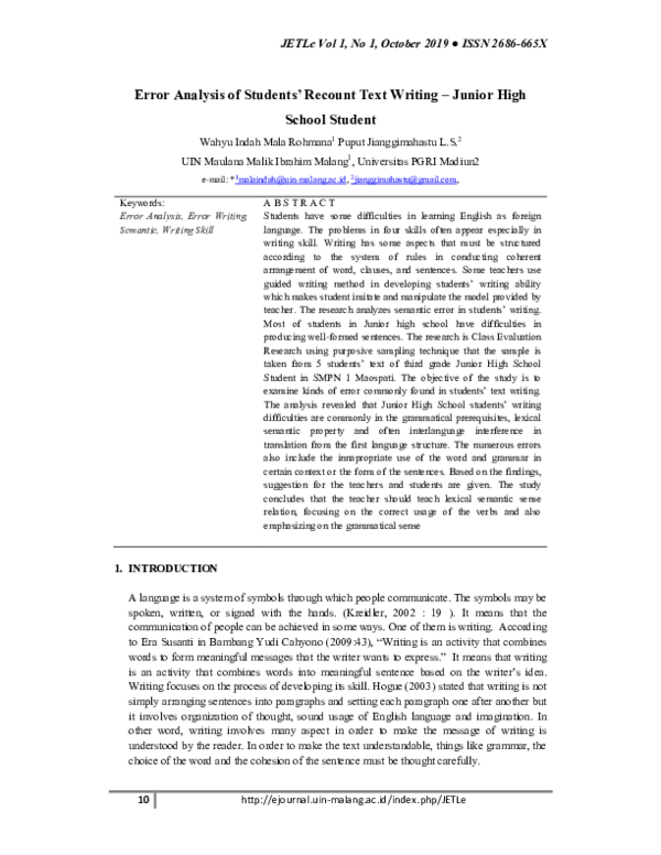 (PDF) Error Analysis of Students’ Recount Text Writing – Junior High School Student