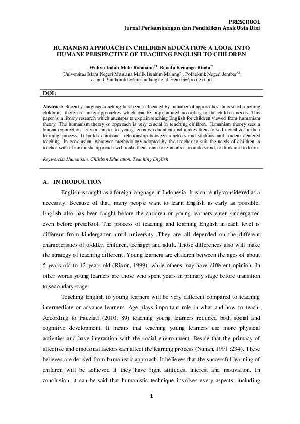 (PDF) Humanism Approach in Children Education: A Look Into Humane ...