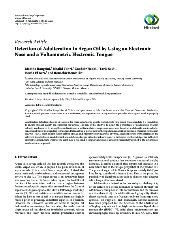 (PDF) Detection of Adulteration in Argan Oil by Using an Electronic ...