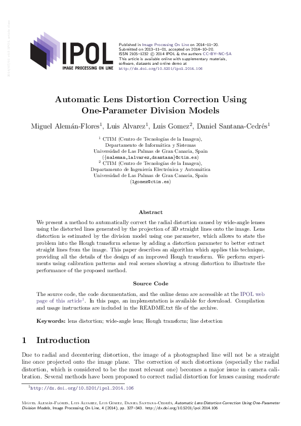 (PDF) Automatic Lens Distortion Correction Using One-Parameter Division Models