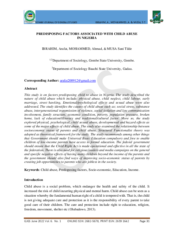 (PDF) PREDISPOSING FACTORS ASSOCIATED WITH CHILD ABUSE IN GOMBE