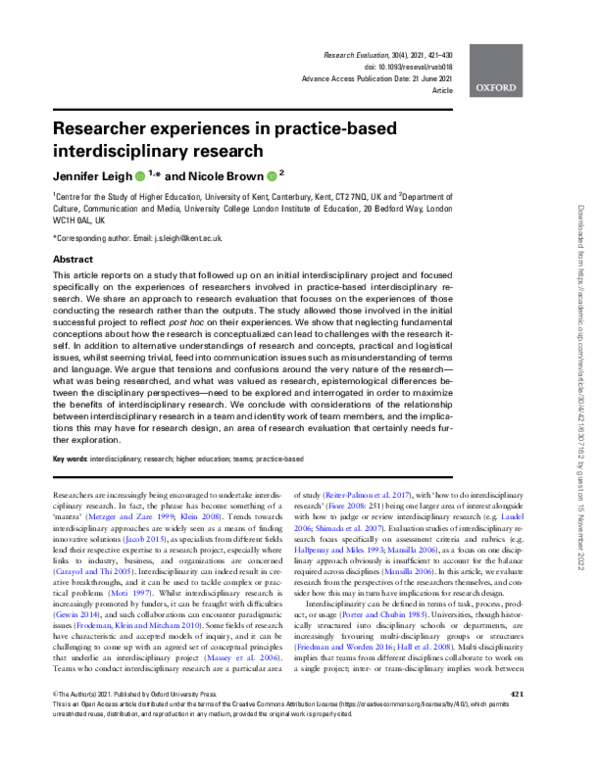 (PDF) Researcher experiences in practice-based interdisciplinary research