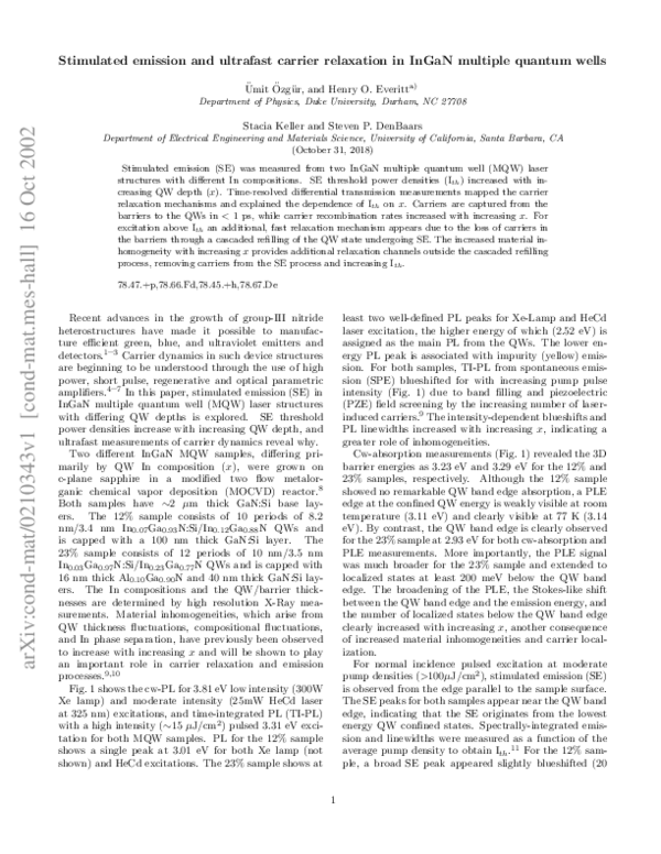 (PDF) Stimulated emission and ultrafast carrier relaxation in InGaN multiple quantum wells