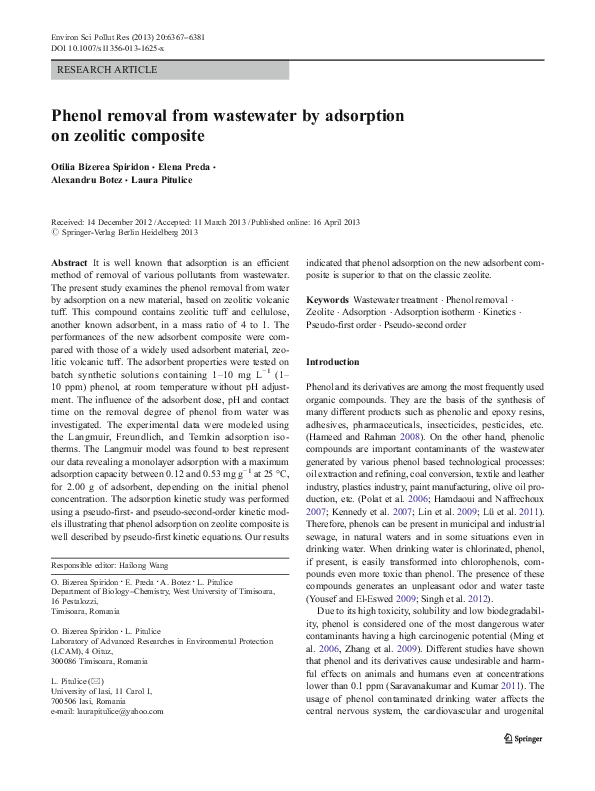 (PDF) Phenol removal from wastewater by adsorption on zeolitic composite