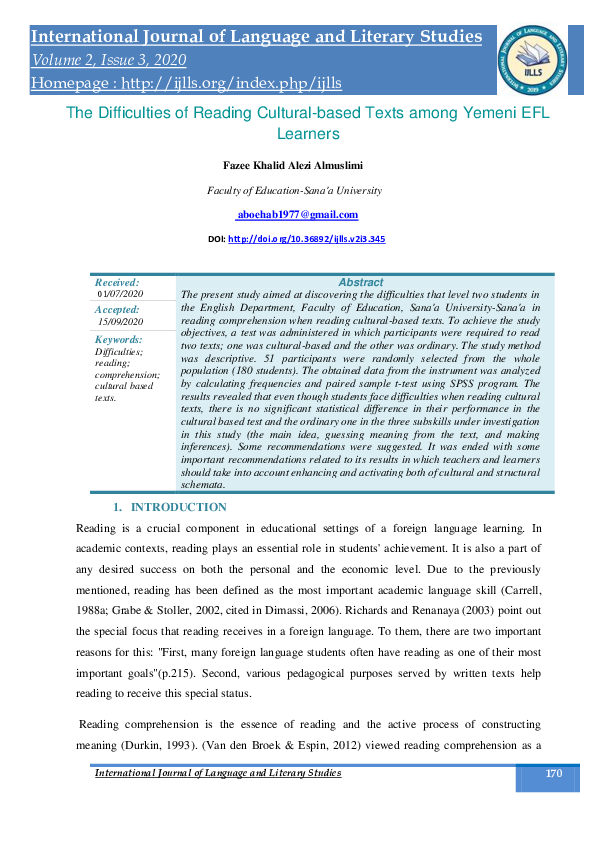 Pdf The Difficulties Of Reading Cultural Based Texts Among Yemeni Efl Learners Dr Fazee K H 