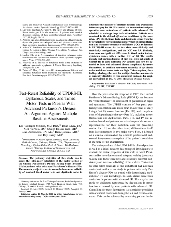 (PDF) Test-retest reliability of UPDRS-III, dyskinesia scales, and ...