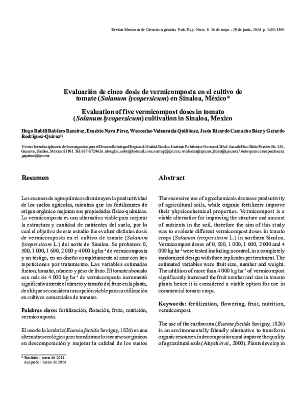 (PDF) Evaluation of five vermicompost doses in tomato (Solanum ...