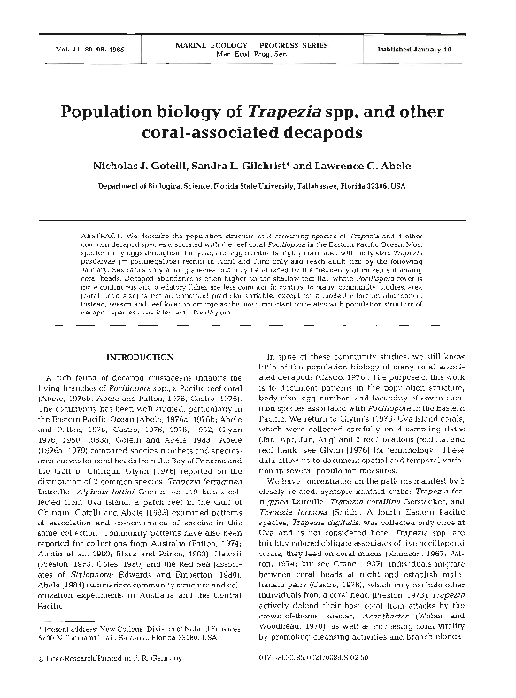 (PDF) Population biology of Trapezia spp. And other coral-associated decapods