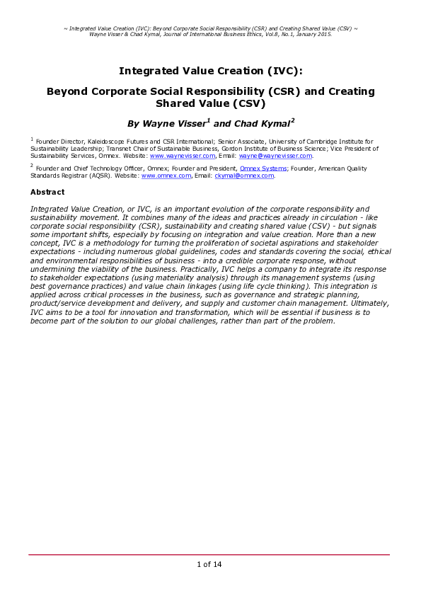 (PDF) Integrated Value Creation (IVC): Beyond Corporate Social Responsibility (CSR) and Creating ...
