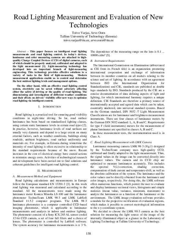 (PDF) Road Lighting Measurement and Evaluation of New Technologies